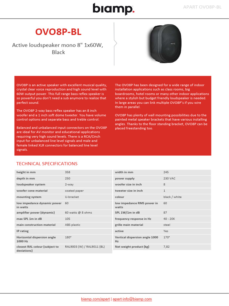 Biamp Data Sheet Ovo8p Aug20 | PDF | Loudspeaker | Sound