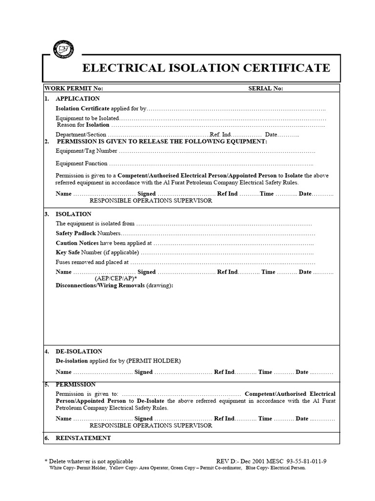 ESR App E Electrical Isolation Certificate REV D | PDF