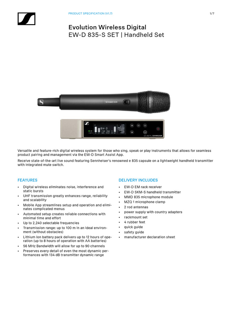 Ew D 835 S Set Product Specification V1 7 En Pdf Microphone