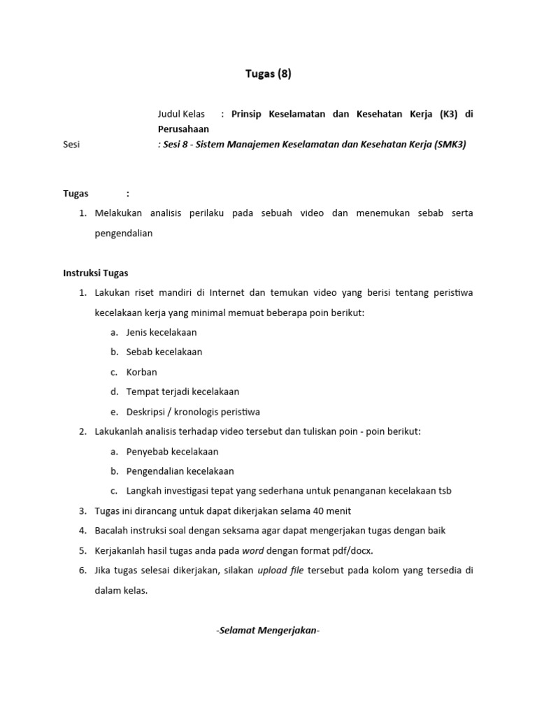 Tugas Praktik Mandiri 8 Prinsip Keselamatan Dan Kesehatan Kerja K3 Di ...