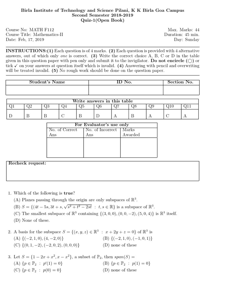 Copy of Math 2 2018 Quiz 1 | PDF | Vector Space | Basis (Linear Algebra)