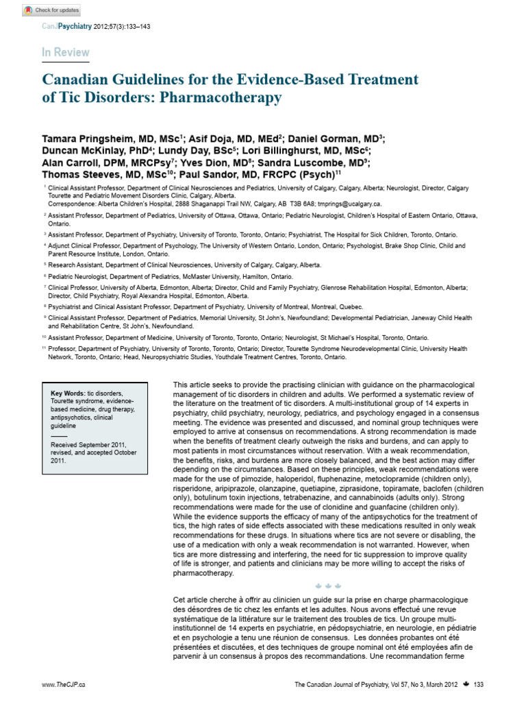Canadian Guidelines for Tic Disorders | PDF | Evidence Based Medicine ...