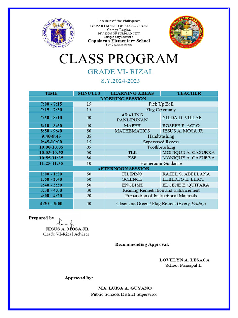 MOSA Class Program SY 2024-2025 | PDF | Philippines