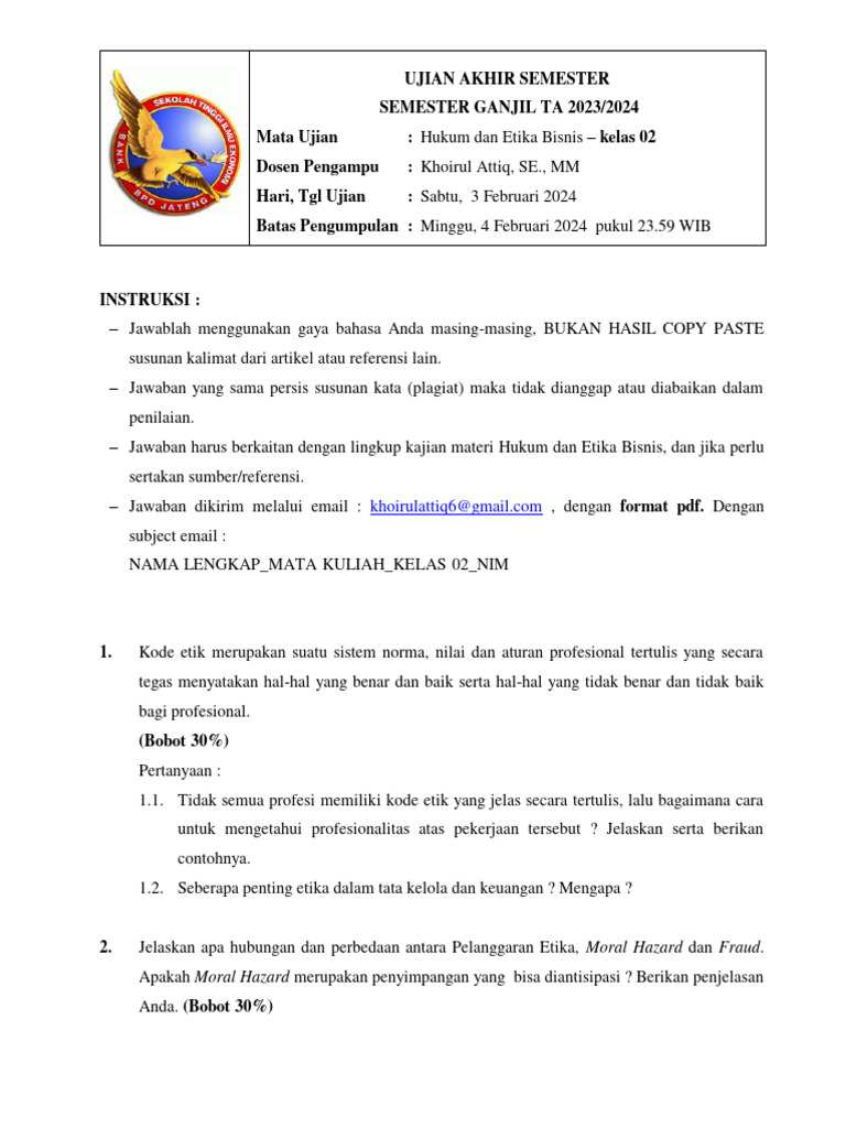 Soal Uas Hukum Dan Etika Bisnis SMT Ganjil 2023 2024 - Khoirul Attiq - 02 | PDF | Karier ...