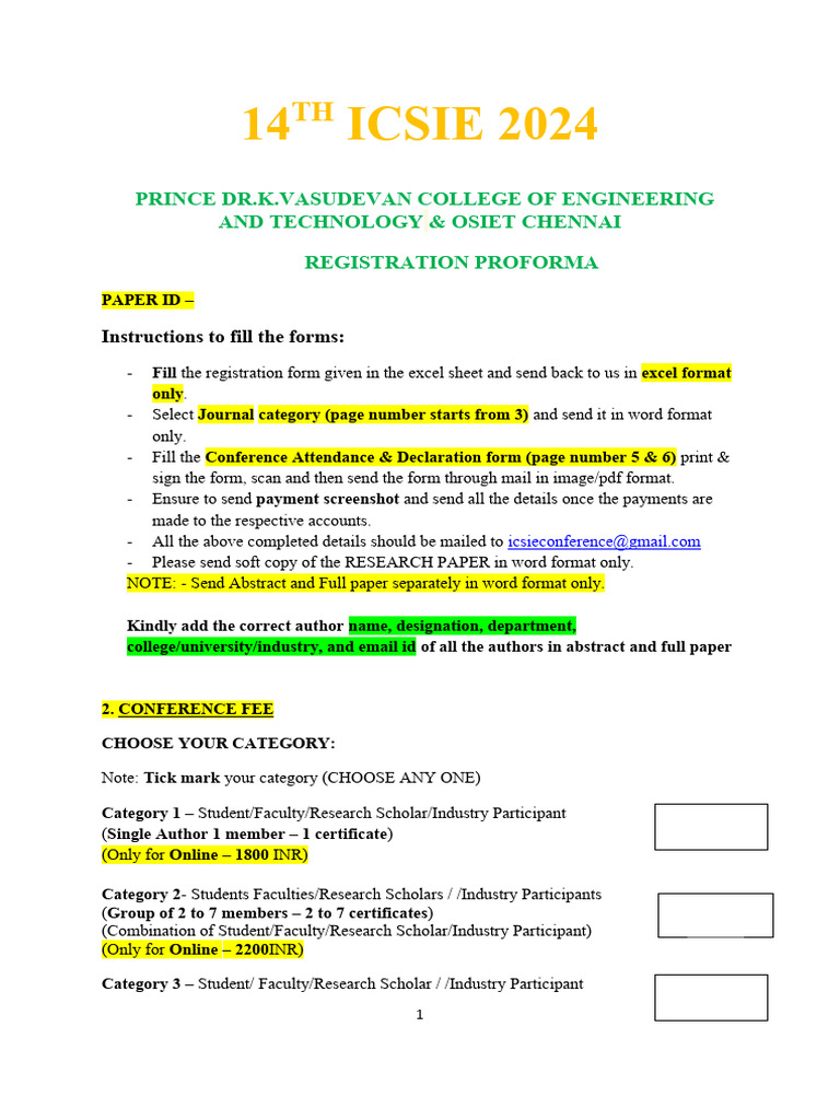 Registration Instructions & Declaration Form - 14 ICSIE 2024 | PDF | Author