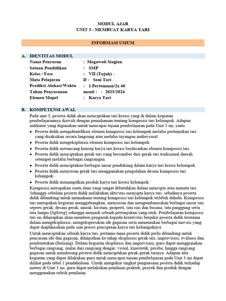 Modul Ajar Seni Tari - Modul Ajar Kelas 7 - Fase D Bgs | PDF | Karier & Perkembangan | Sains ...