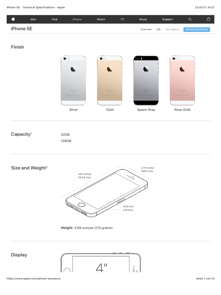 Iphone SE - Technical Specifications | PDF | I Phone | Ios