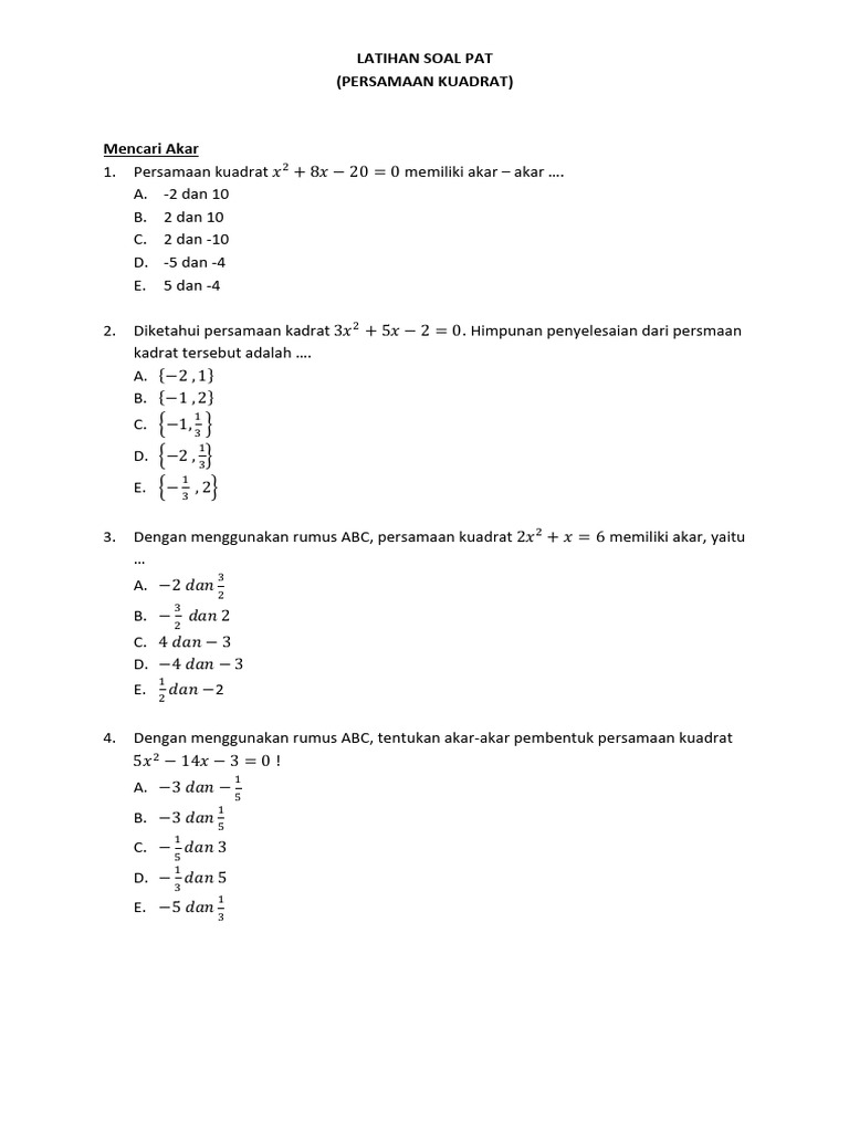 Latihan Soal Pat Kuadrat Kelas X | PDF | Metode & Bahan Ajar