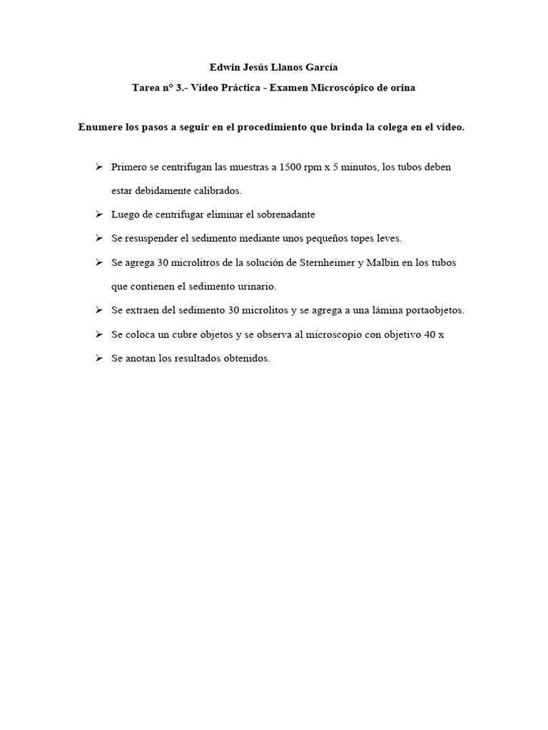 Examen Microscópico de Orina: Procedimiento Paso a Paso | PDF