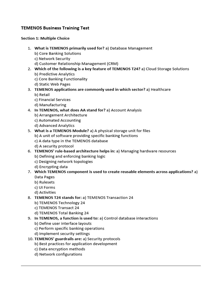 TEMENOS Business Training Test - V1 | PDF | Databases | Analytics
