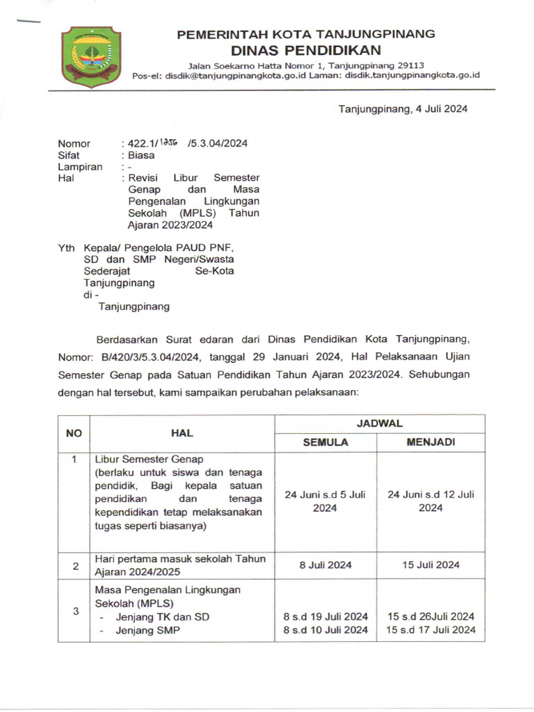 RALAT LIBUR SEMESTER DAN MPLS TH 24 | PDF