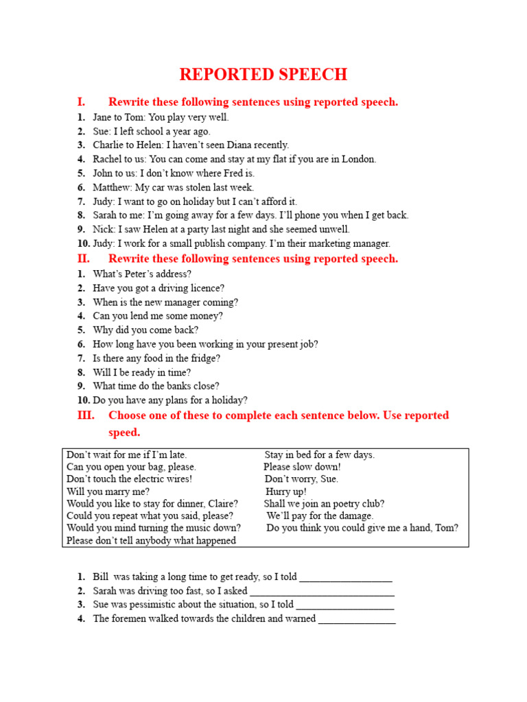 (Exercise) Reported Speech | PDF