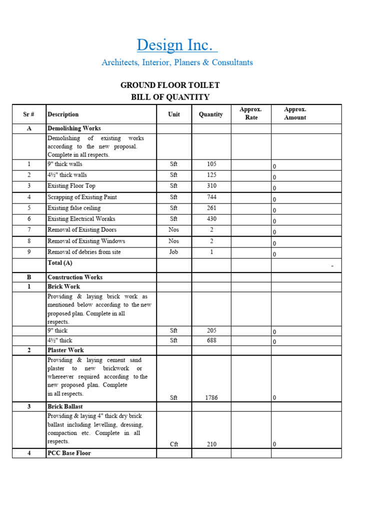 Ground Floor toilet Civil work | Download Free PDF | Brick | Plaster