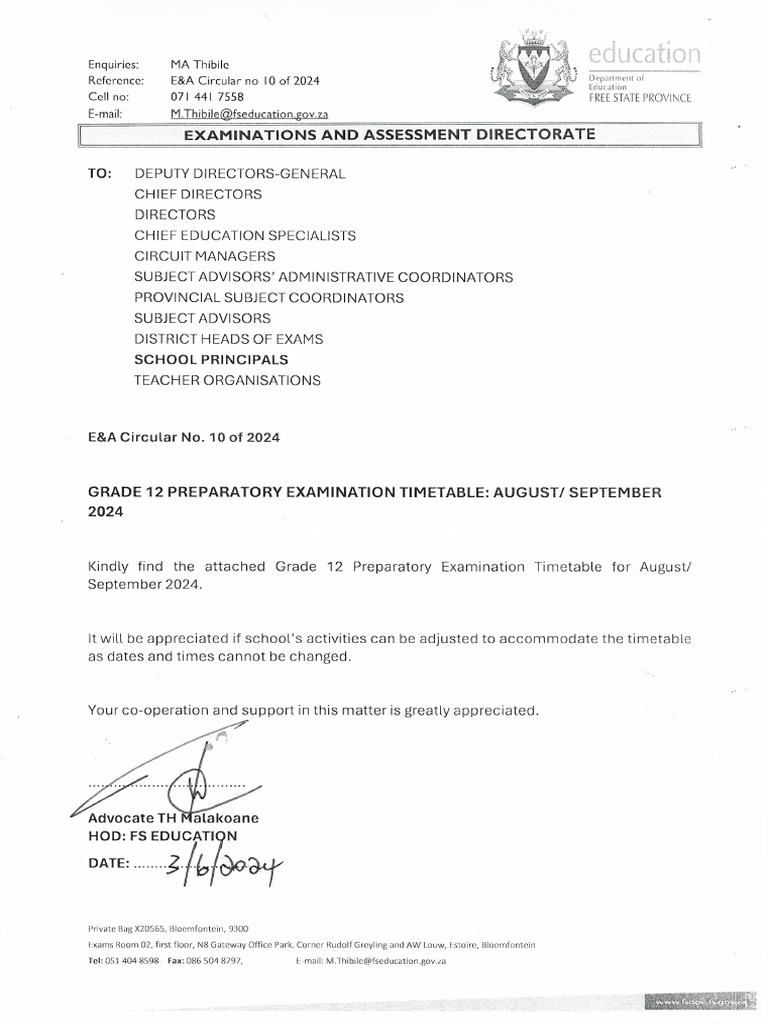 Grade 12 2024 Preparatory Examination Timetable | PDF