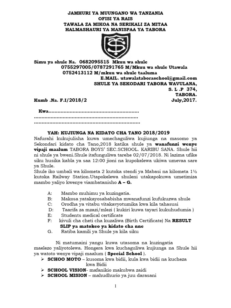 Tabora Boys Secondary School Joining Instruction | PDF