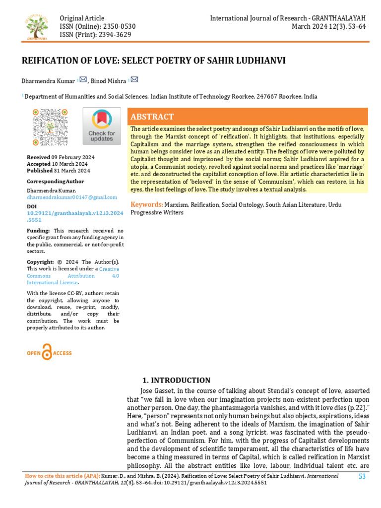 Reification of Love Select Poetry of Sahir Ludhian | PDF