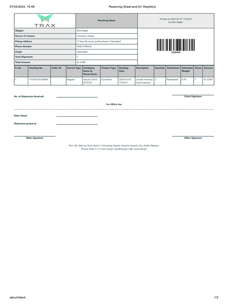 Receiving Sheet and Air Waybill(s) 7 March | PDF