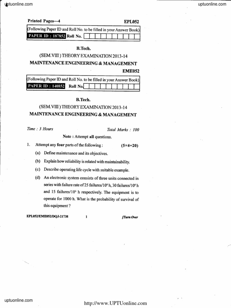 Btech PT 8 Sem Maintenance Engineering and Management Epl 052 2013 14 | PDF | Reliability ...