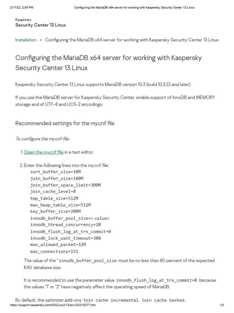 Configuring The MariaDB x64 Server For Working With Kaspersky Security ...