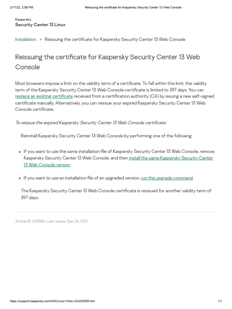 Reissue Kaspersky Web Console Certificate | PDF