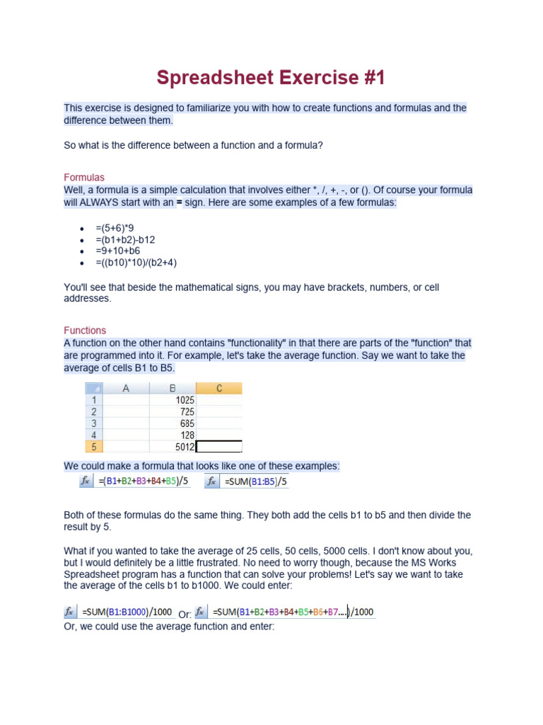 Spreadsheet Exercise 1 | PDF | Spreadsheet | Formula