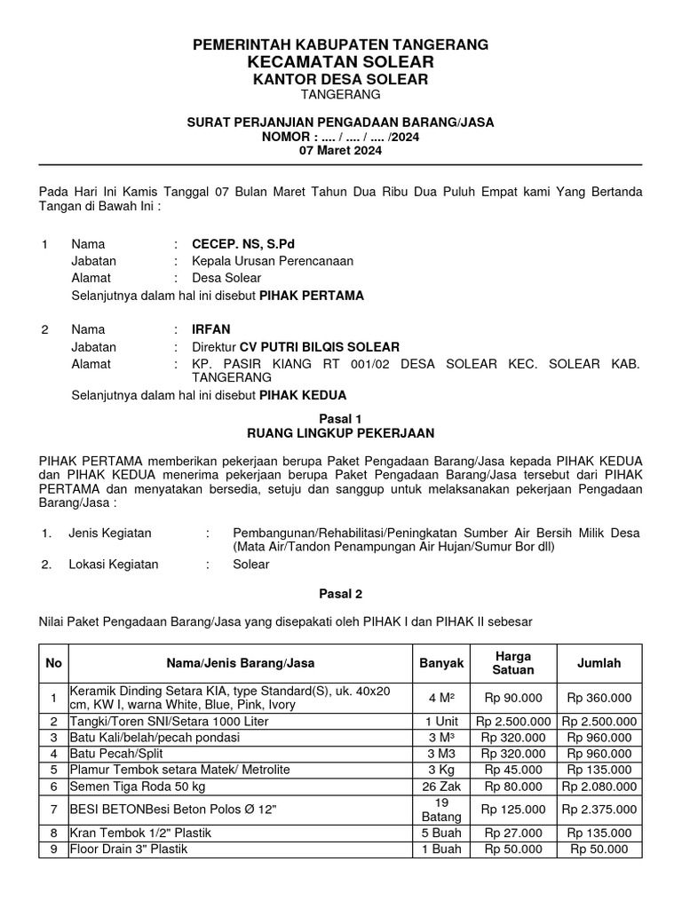 Surat Perjanjian Pengadaan Barang Jasa | PDF