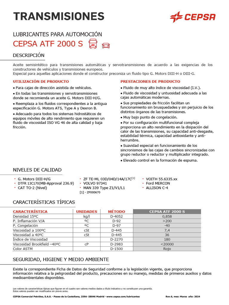 Cepsa ATF 2000 S: Aceite Semisintético | PDF | Ingeniería mecánica