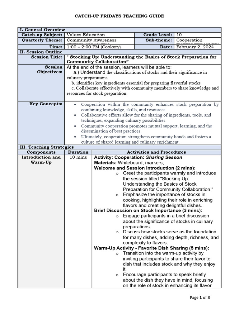 Teaching-Guide-Catchup-G10Cookery HEALTH | PDF | Teachers | Information