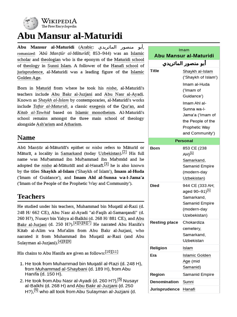 Abu Mansur Al-Maturidi | PDF | Sunni Islam | Islamic Philosophy