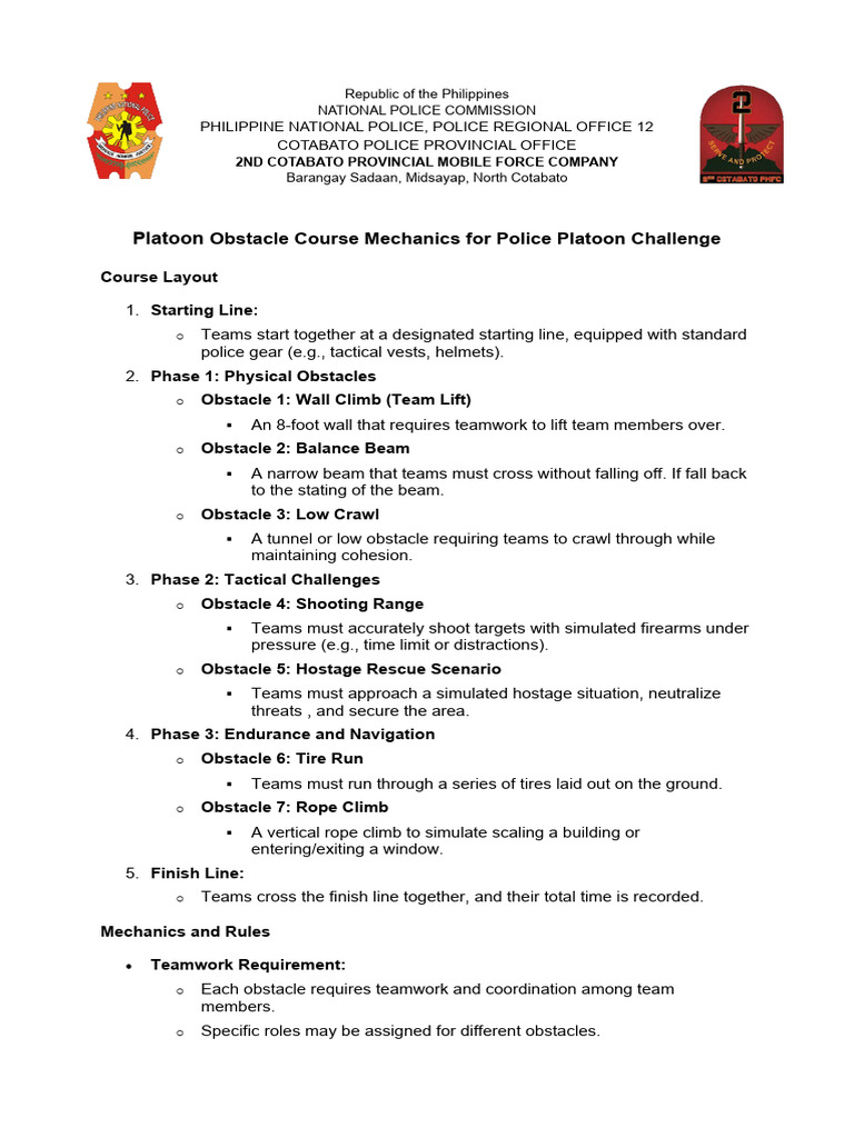 2nd Cotabato PMFC Platoon Obstacle Course Mechanics For Police Platoon Challenge | PDF | Police