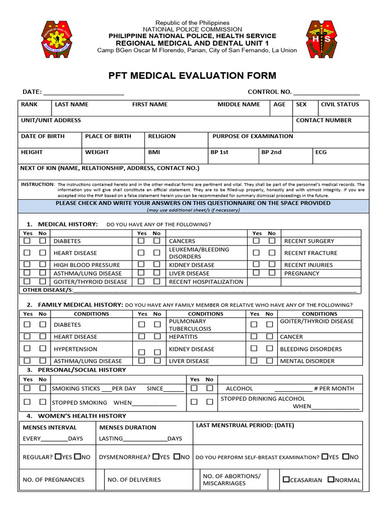 PFT Medical Evaluation Form 2023 | PDF | Menstruation | Cardiovascular ...