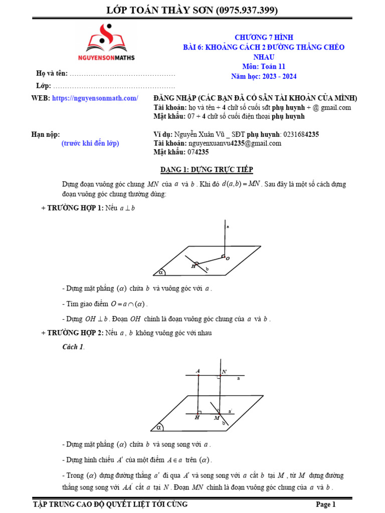 Dap An BT Tren Lop Chuong 7 Hinh Bai 6 Khoang Cach 2 DTH Cheo Nhau PDF | PDF