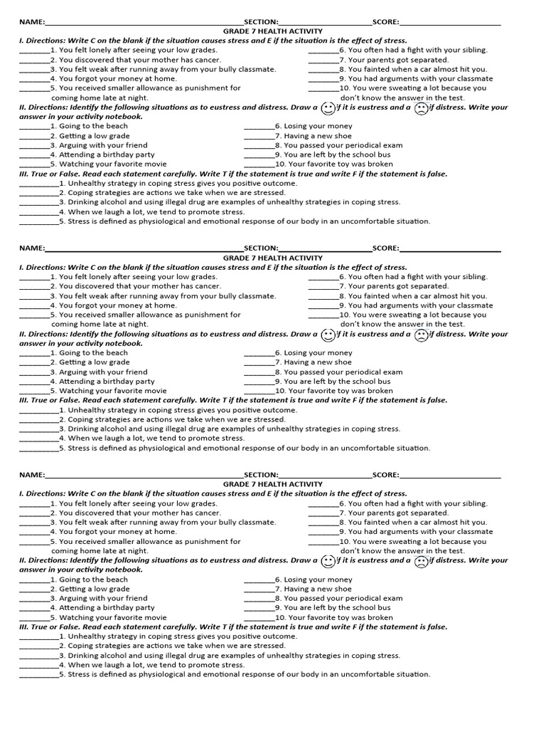 Grade 7 Worksheet | PDF | Stress (Biology) | Cardiopulmonary Resuscitation
