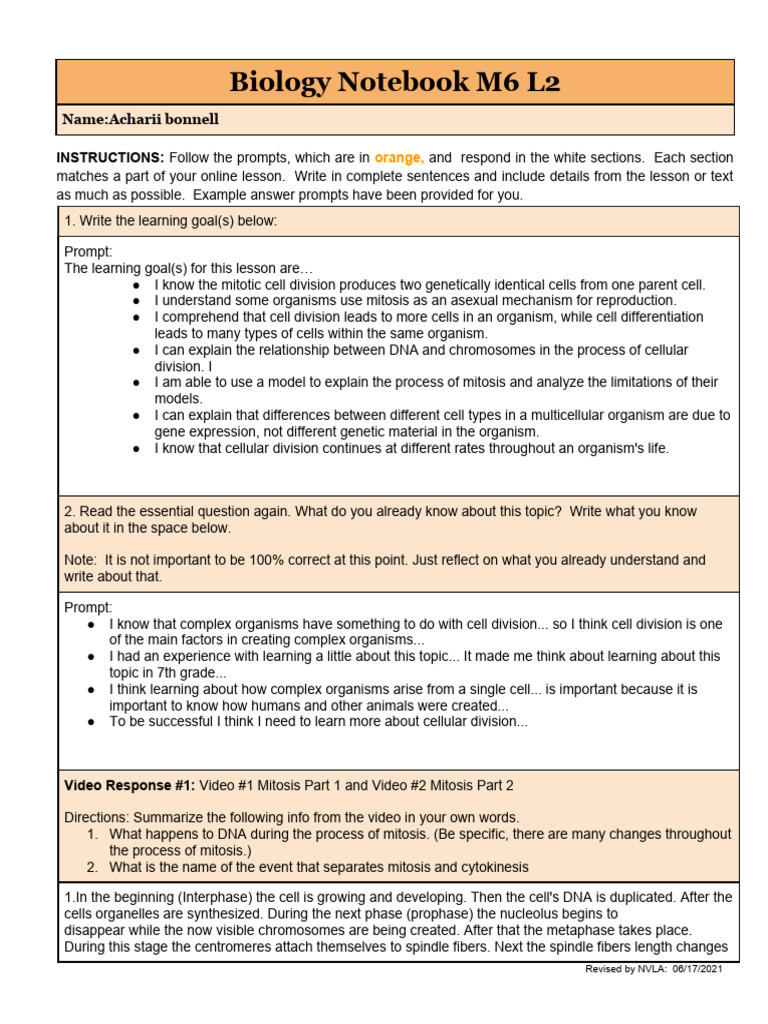M6L2 Bio Notebook | PDF | Mitosis | Cell Cycle