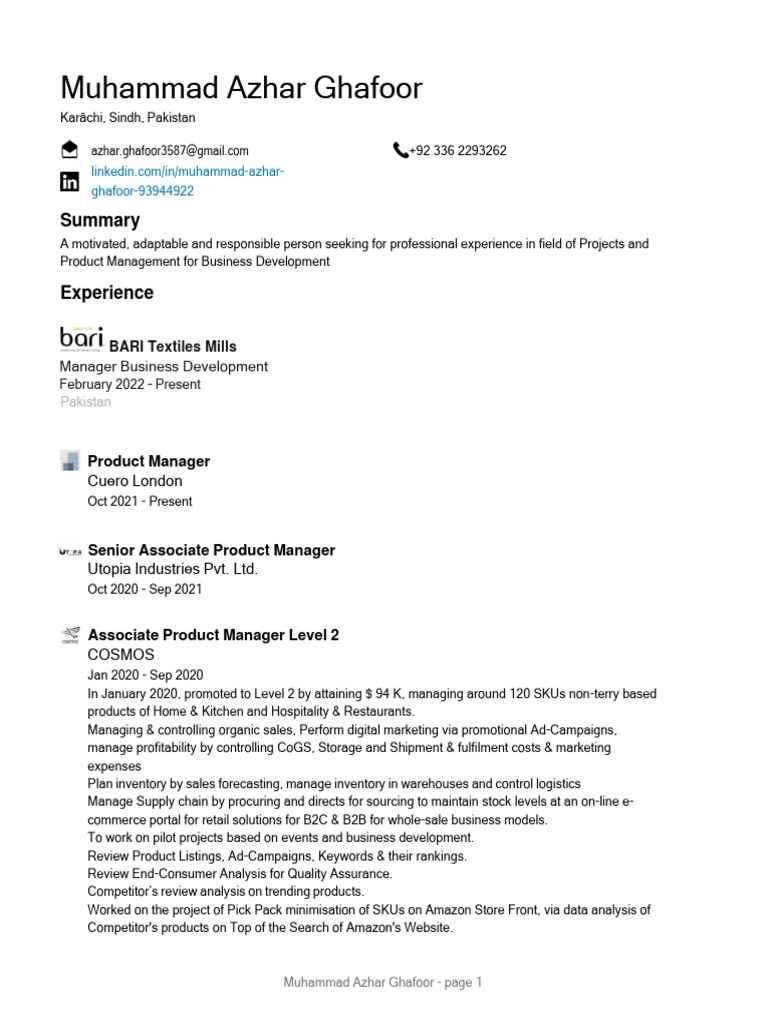 Resume Muhammad Azhar Ghafoor | PDF | Warehouse | Inventory