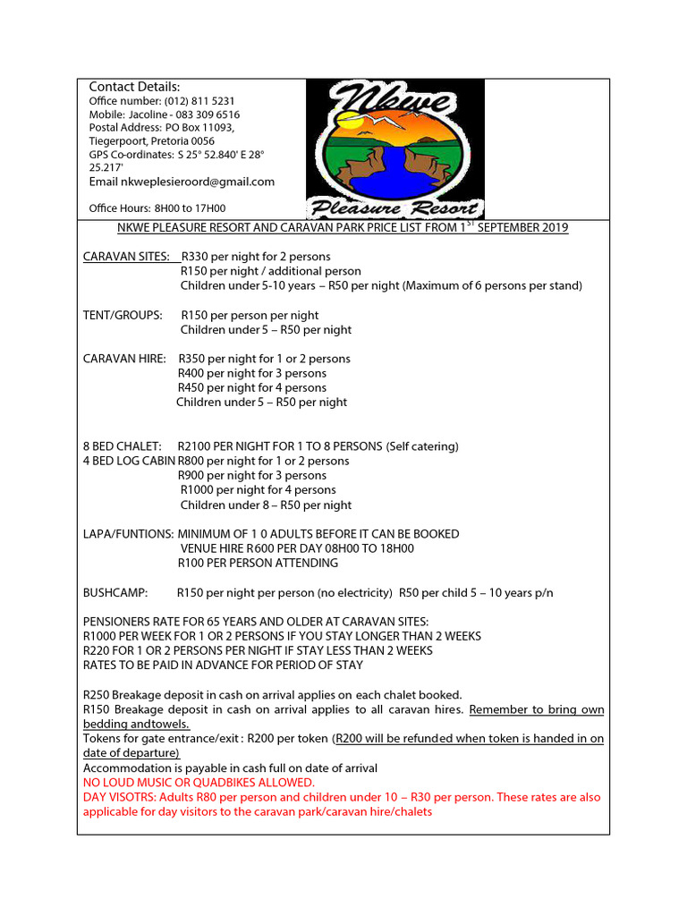 Nkwe Resort Price List 2023 | PDF
