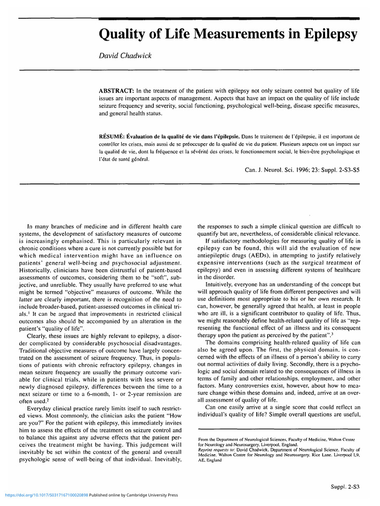 Quality of Life Measurements in Epilepsy | PDF | Epilepsy | Quality Of Life