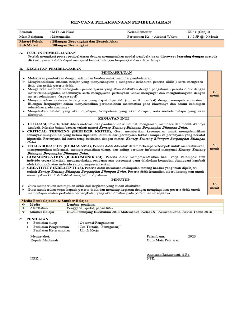 RPP Bilangan Berpangkat | PDF