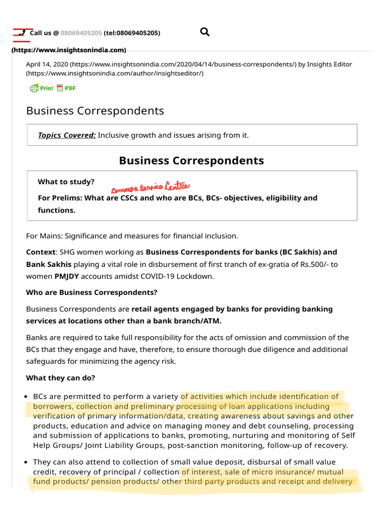 Business Correspondents - InSIGHTSIAS | PDF | Banks | Private Sector