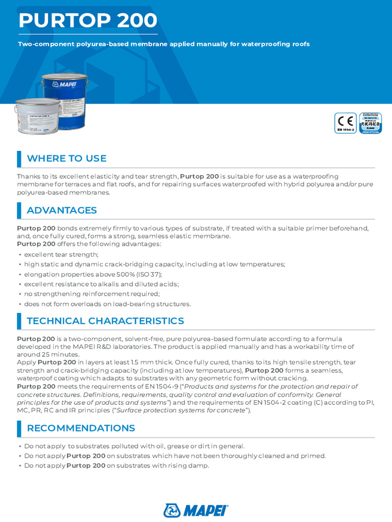 Purtop 200: Polyurea Waterproofing Guide | PDF | Concrete | Epoxy