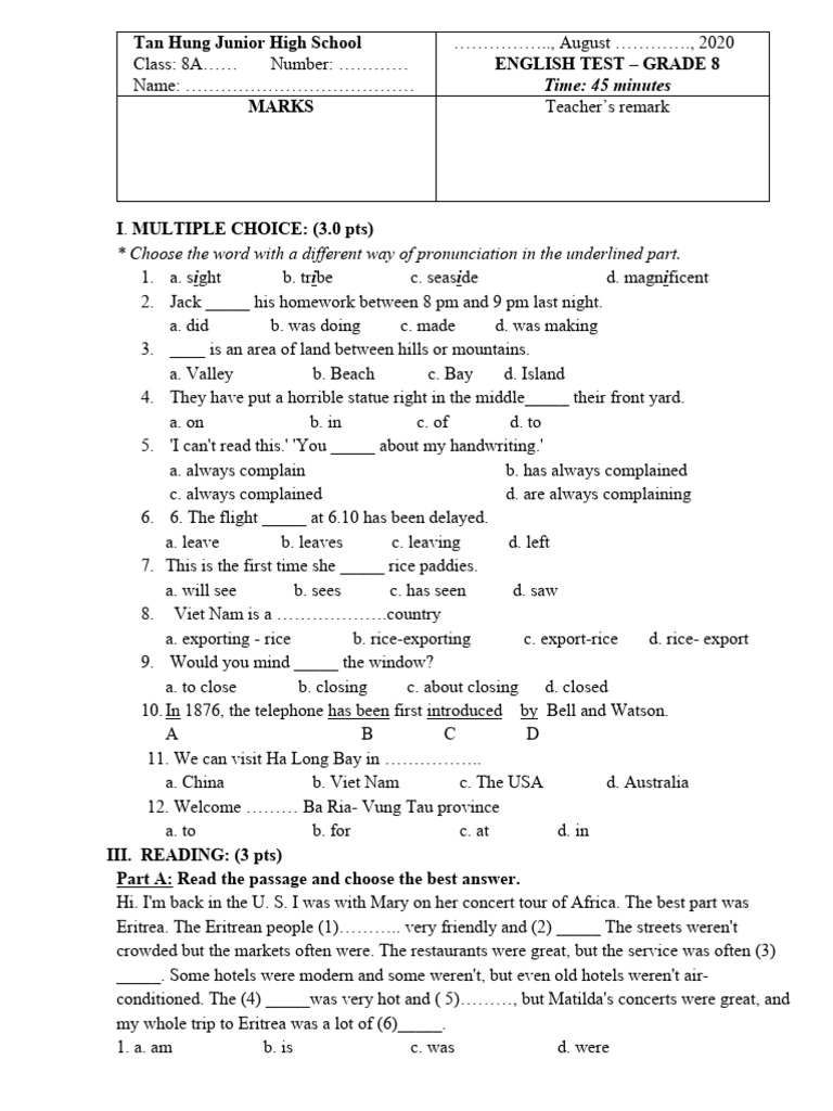Grade 8 English Test Document | PDF