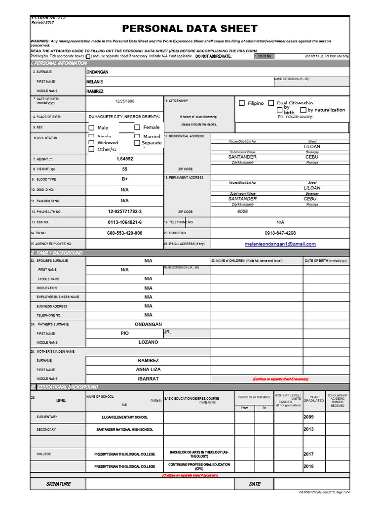 CS Form No. 212 Personal Data Sheet Revised | PDF