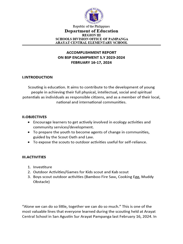 BSP Accomplishment-Report | PDF | Scouting | Youth Organizations