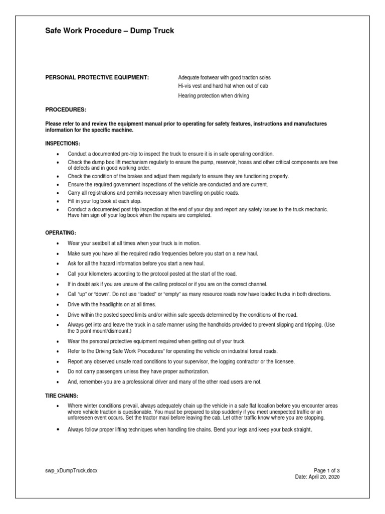 Dump Truck Safe Work Procedures | PDF | Truck | Transport