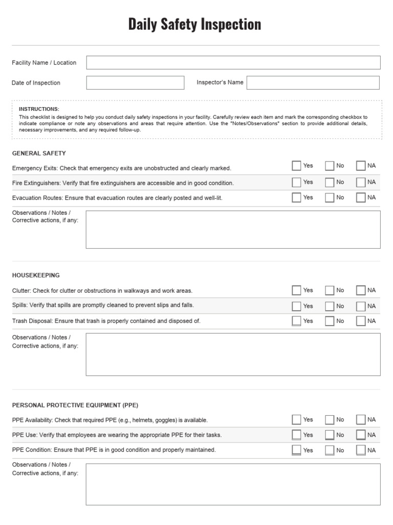 Daily Safety Inspection Checklist | PDF | Personal Protective Equipment ...