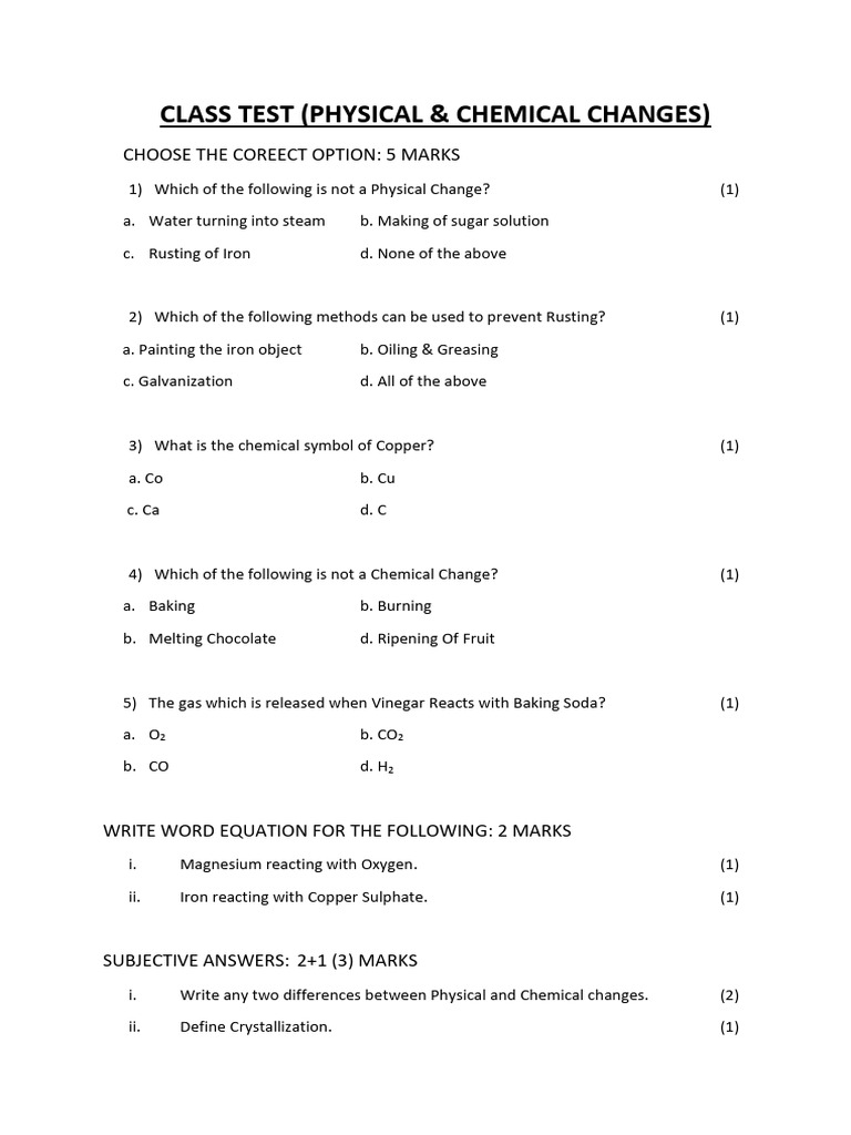 Class Test (Physical & Chemical Changes) | PDF | Science & Mathematics