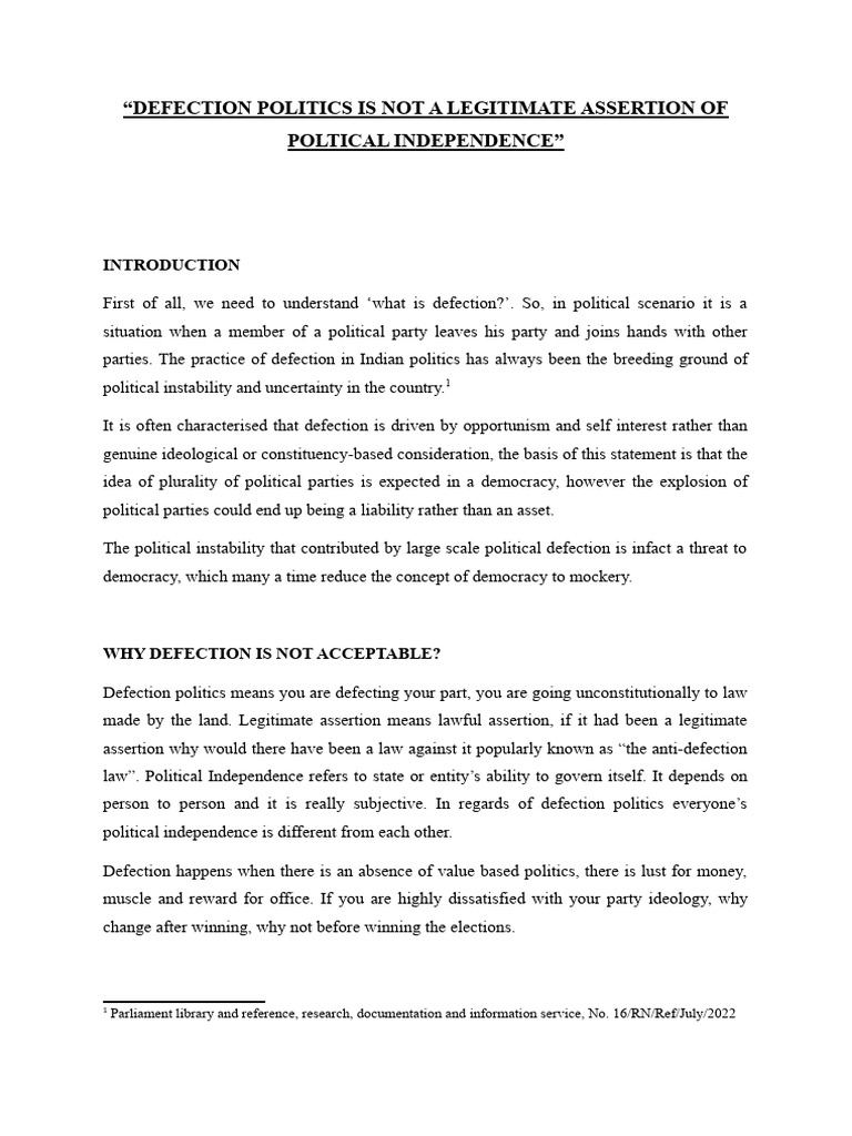 Defection Politics Is Not A Legitimate Assertion of Poltical ...