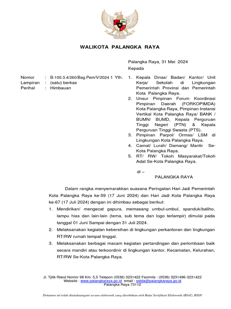 Surat WKP TTG Himbauan Hari Jadi 2024 | PDF