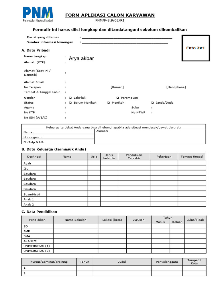 Form Aplikasi Calon Karyawan PNM | PDF
