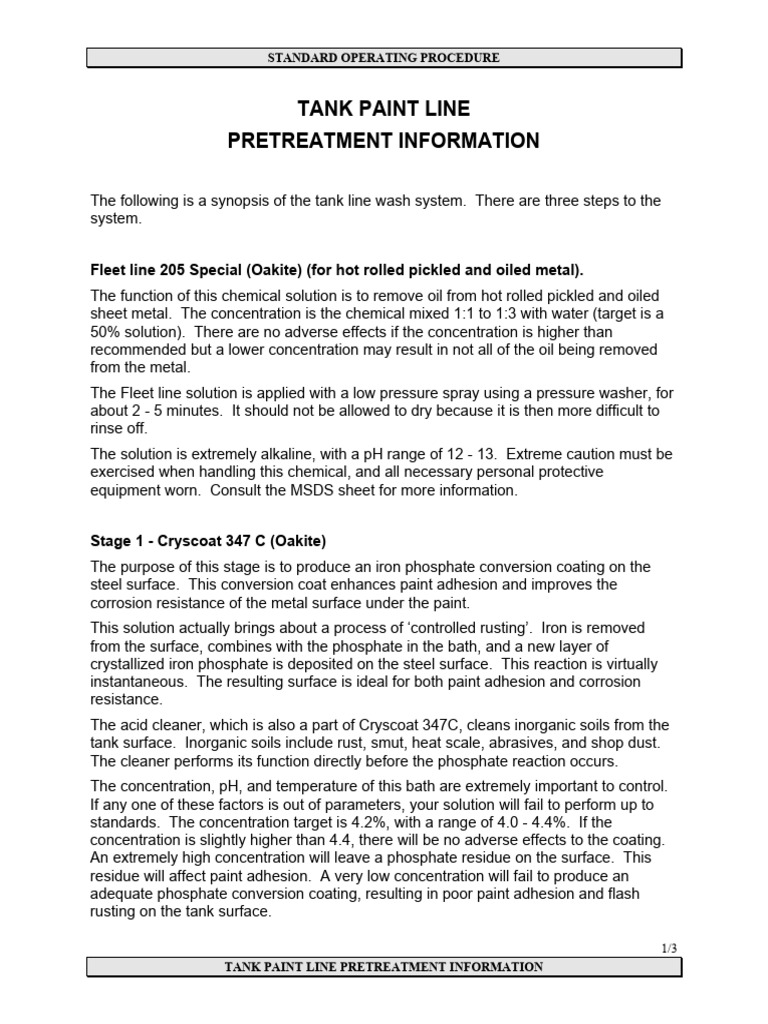 Tank Paint Line Pretreatment SOP | PDF | Paint | Corrosion
